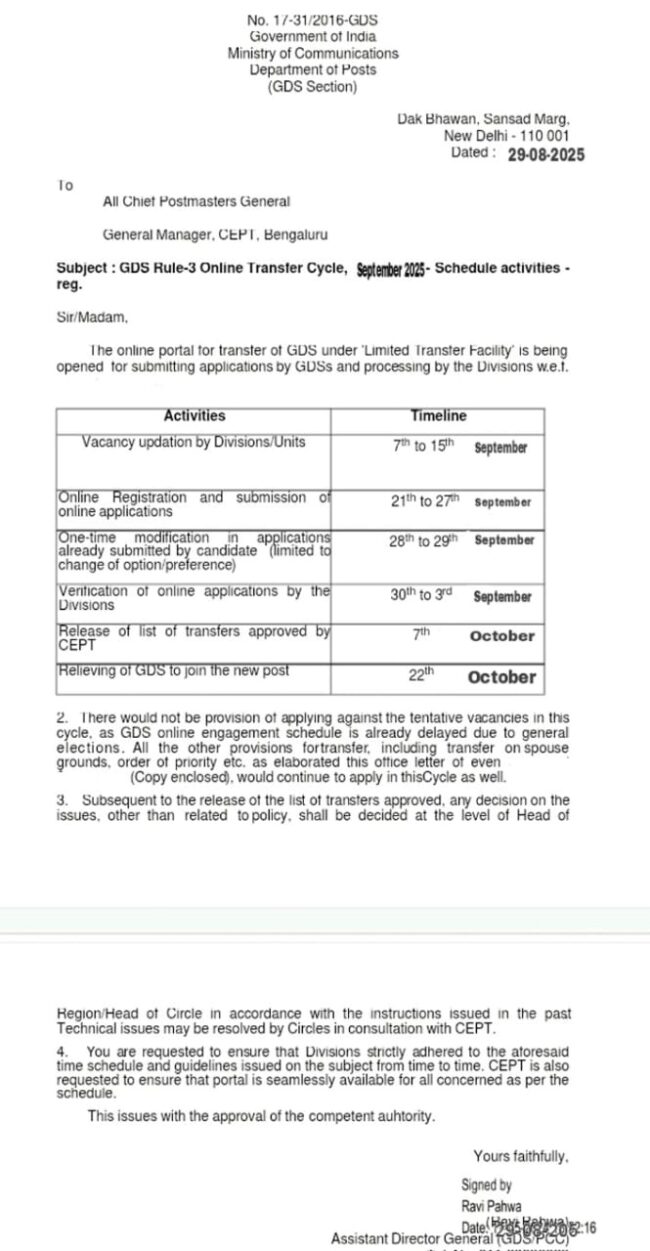 GDS Rule-3 Online Transfer Cycle – September 2025 Schedule Announced ...